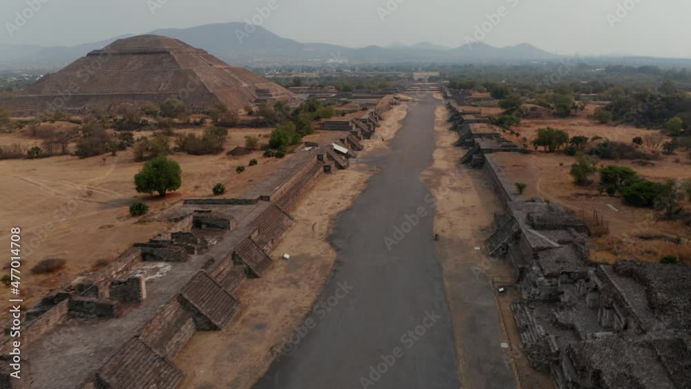 Birds eye view of Avenue of Dead and Pyramid of Sun in Teotihuacan ...