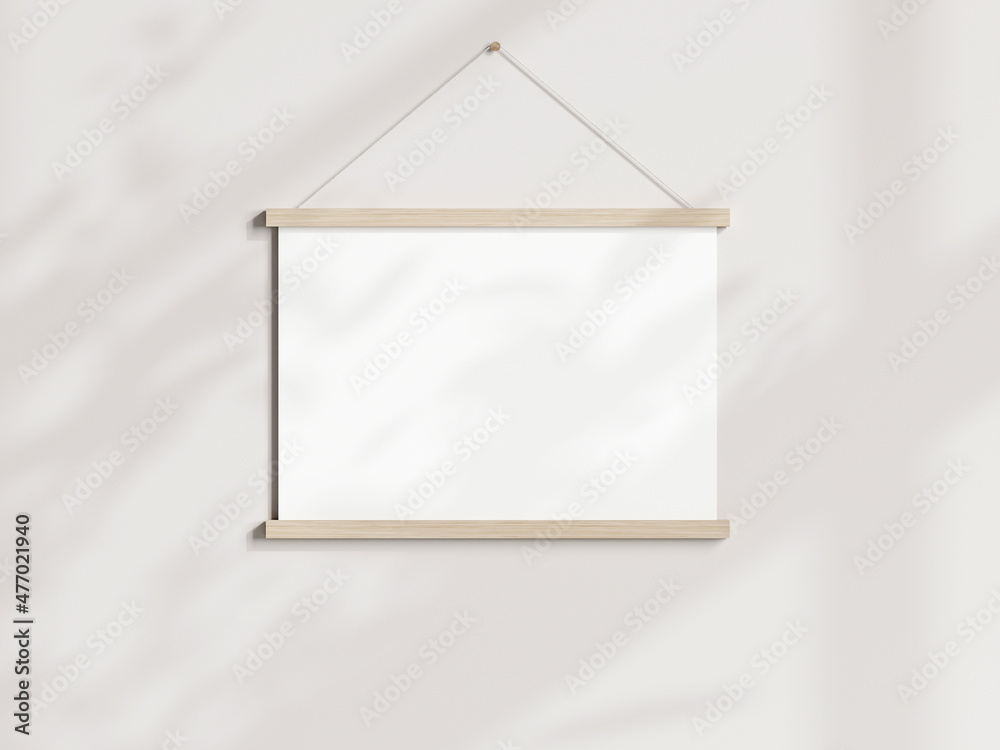 Poster hanger mockup, wooden hanging poster frame, magnetic poster bar ...