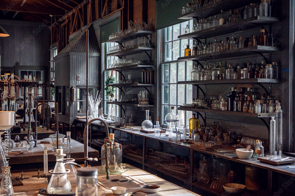 the old inventors laboratory with glass bottles Stock Photo | Adobe Stock