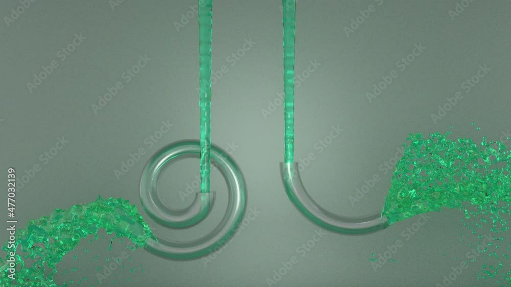 Abstract glass pipeline and green liquid falling inside. Futuristic ...