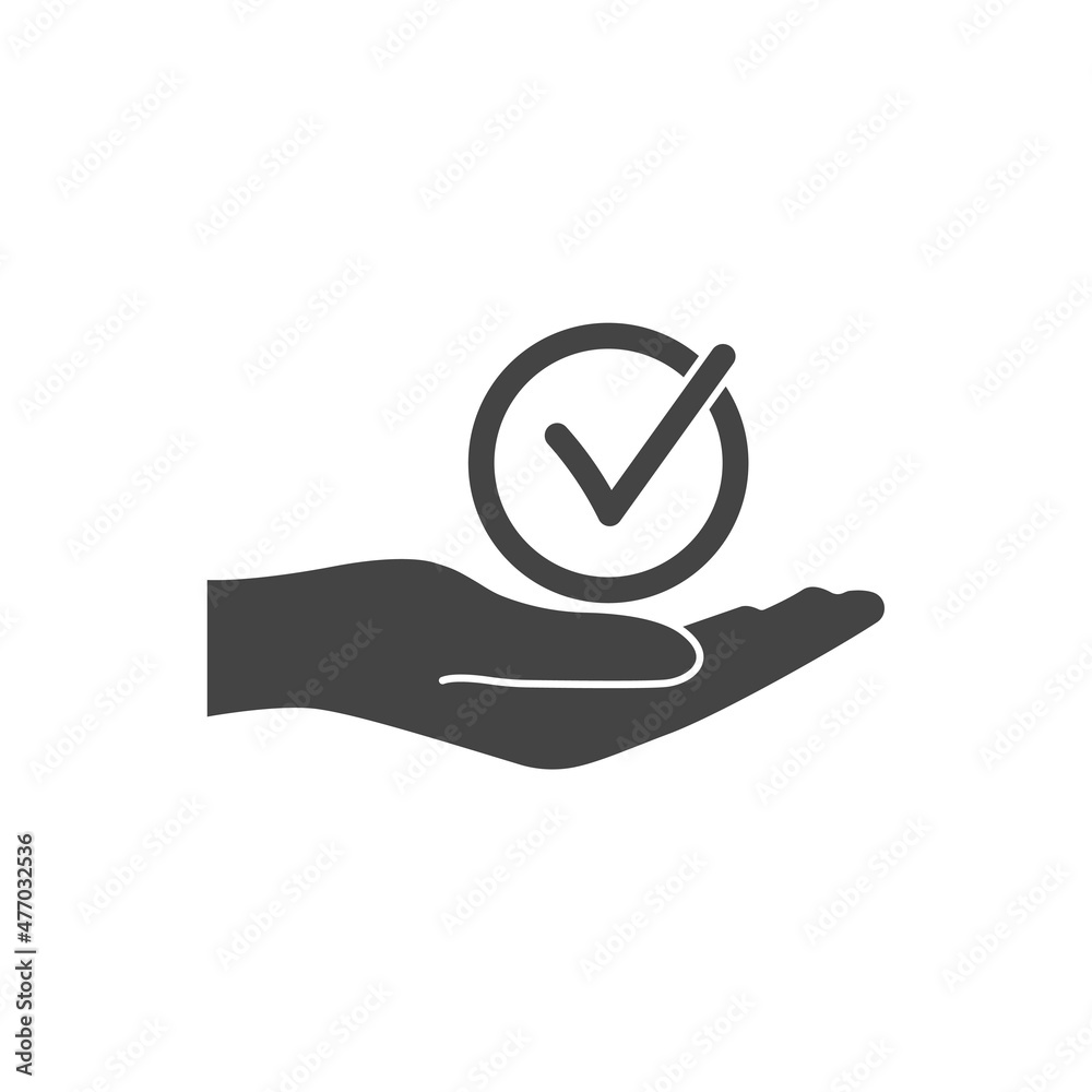 Hand and check mark on white isolated background. Layers grouped for ...