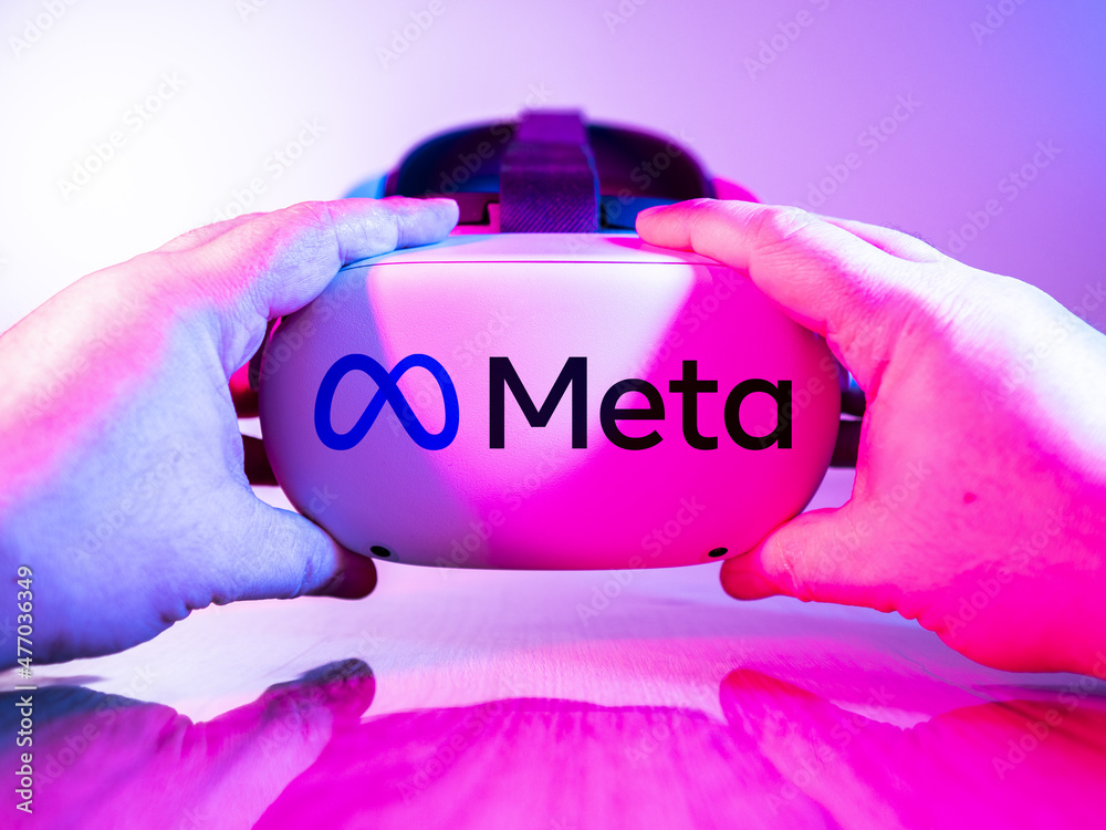 Meta - Virtual reality headset with Meta logo - Facebook Stock Photo ...