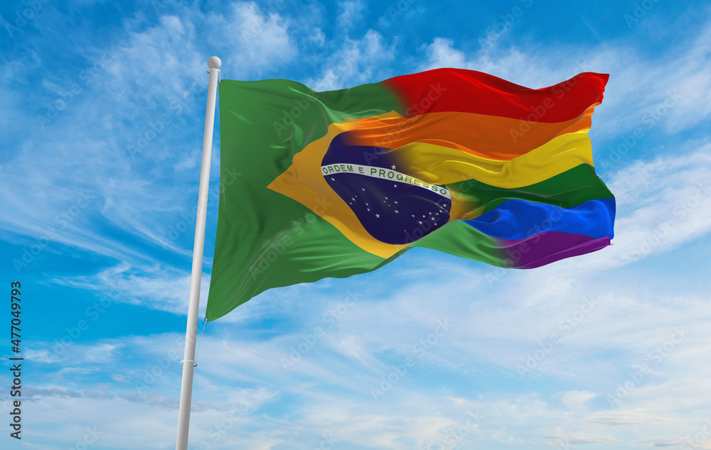 national lgbt flag of Brazil flag waving in the wind at cloudy sky ...