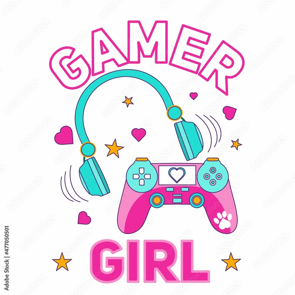 Gamer girl cute vector illustration with headphones, game controller ...