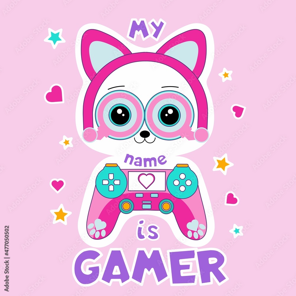 My name is gamer cute flat style vector illustration with kawaii cat ...