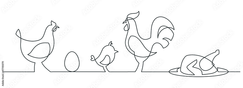 Set of chickens - continuous line drawing. Rooster, hen, chicken grill ...