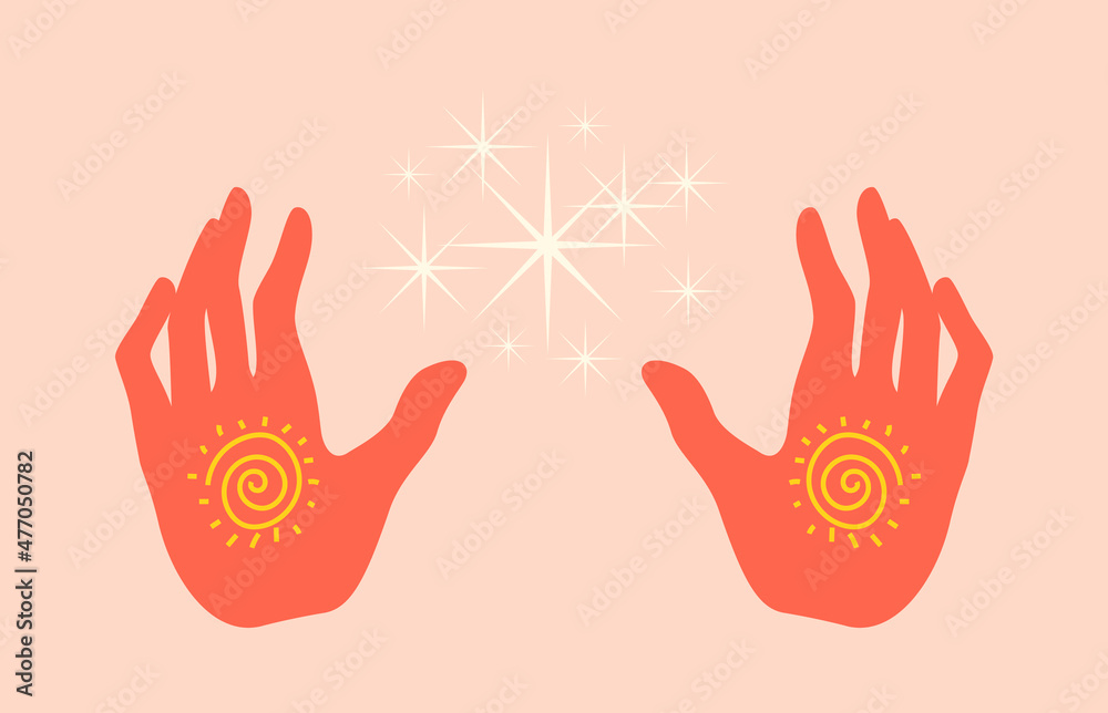 Healing hands silhouette isolated. Colored drawn hands radiating ...