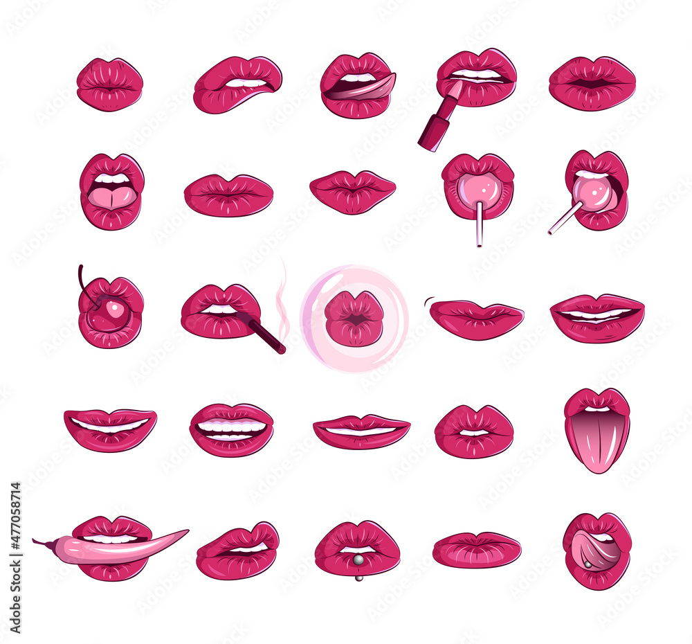 Set Of Women Lips In A Modern Style Isolated On White Background Illustrations Of A Female