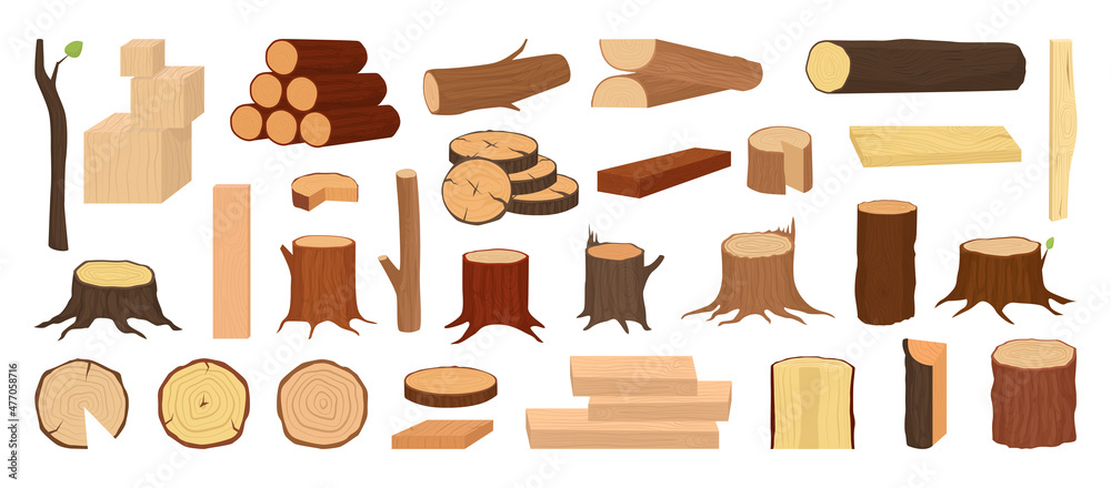 Vector collection of raw wood. Logs and fellings of trees in a detailed ...