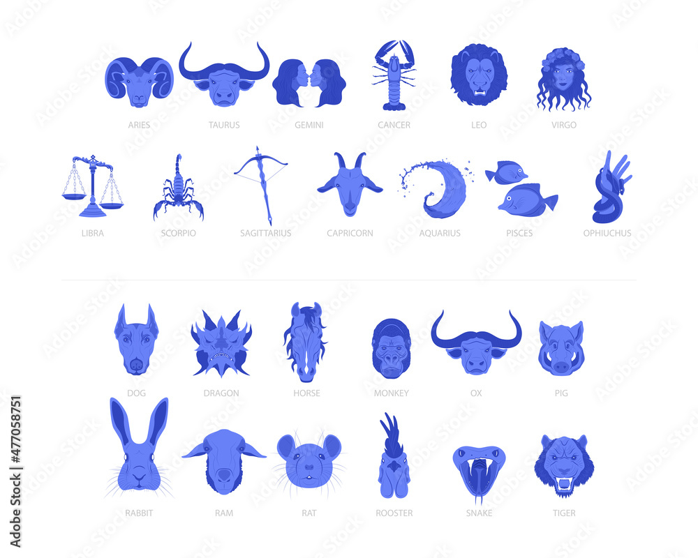 Collection of detailed zodiac signs. Animals according to the Chinese ...
