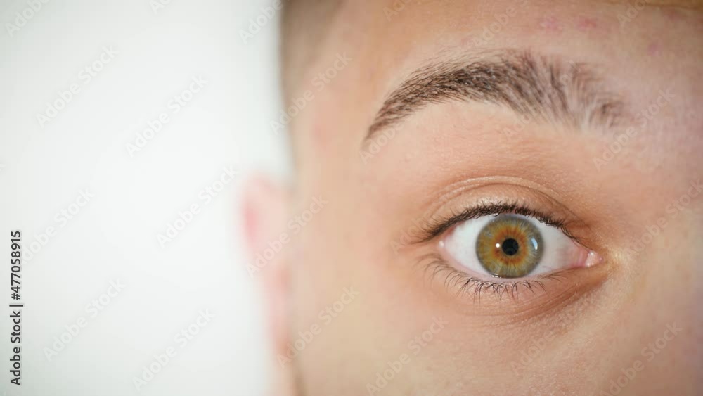 Macro close up of surprised or shocked man's face with beautiful hazel ...