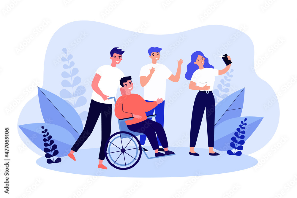 Friends taking selfie together with man in wheelchair. Group of people ...
