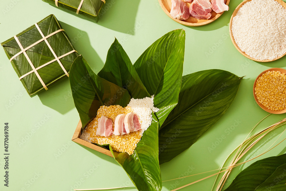 Vietnamese traditional Chung cake with dong leaf pork glutinous rice in ...
