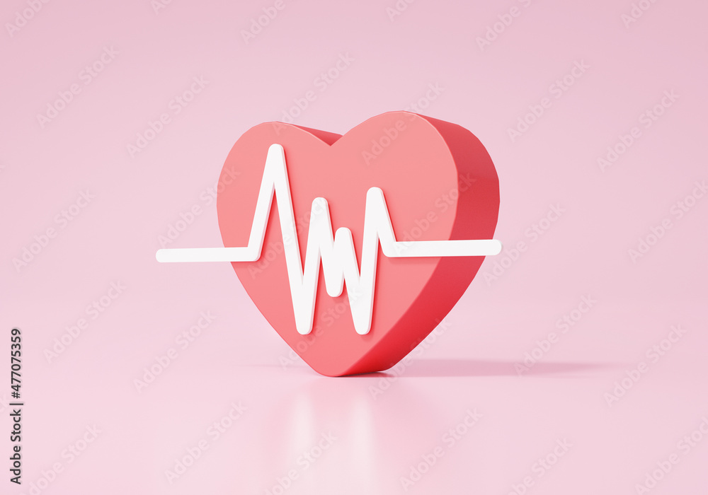 3D Red heart icon with heartbeat pulse line on pink background ...