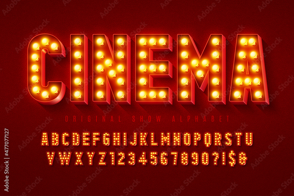 Retro cinema alphabet design, cabaret, LED lamps letters and numbers ...