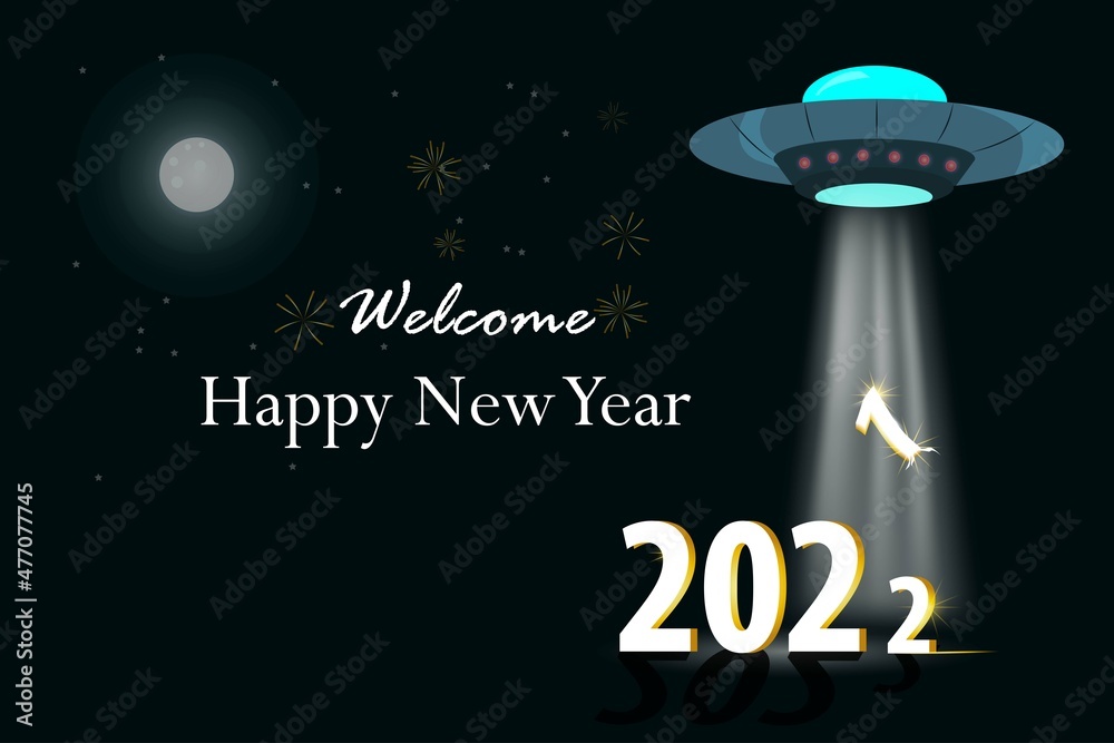 3D UFO, vector alien spaceship with white light Happy new year pulls ...