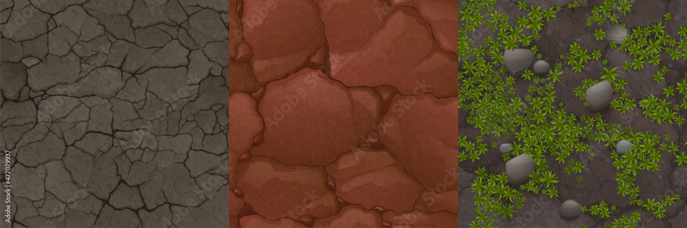 Textures of ground with stones and green grass, dry soil with crackes ...