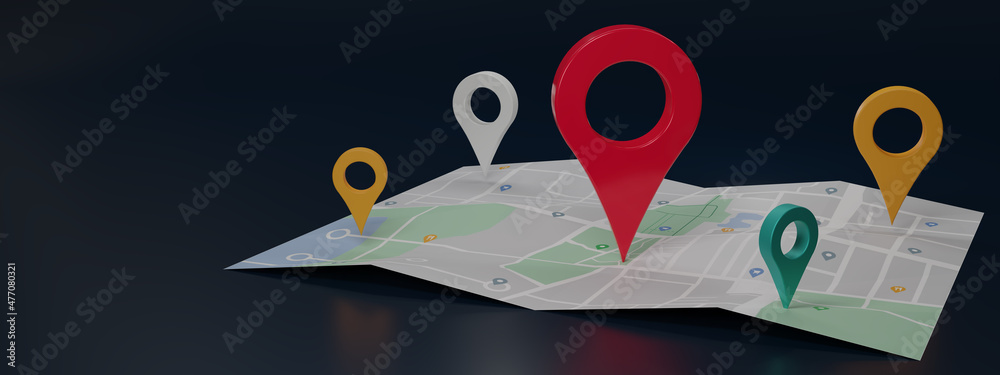 GPS. navigator pin checking with map on dark blue background. Location ...
