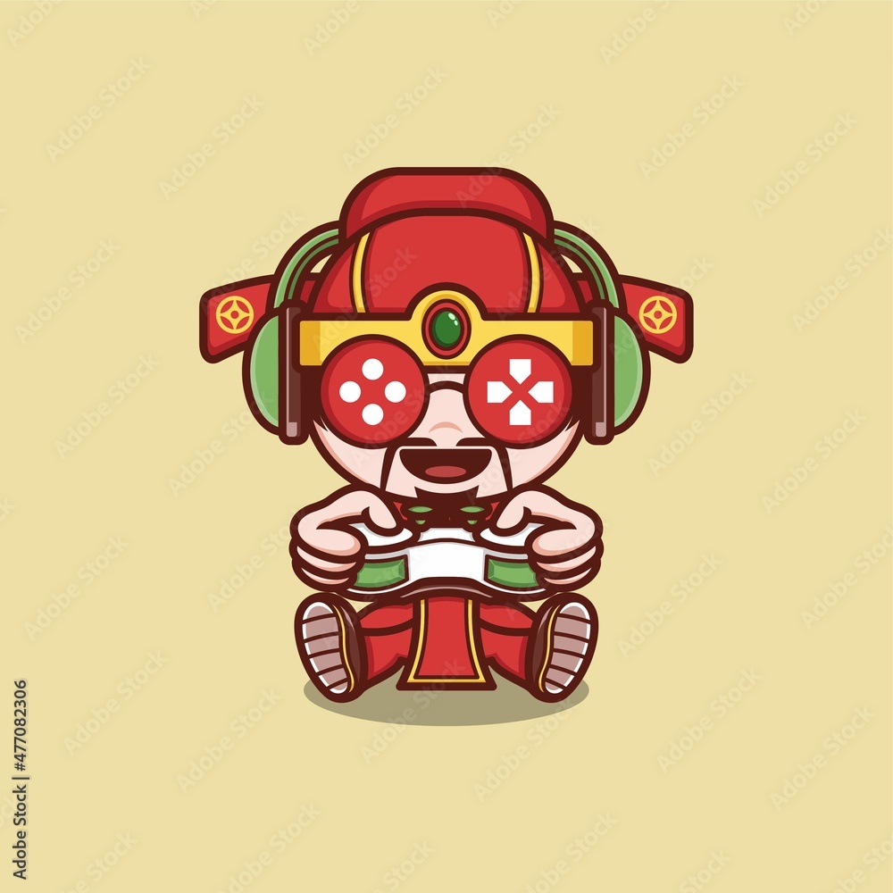 cute cartoon god caishen in chinese new year, play game using joystick ...