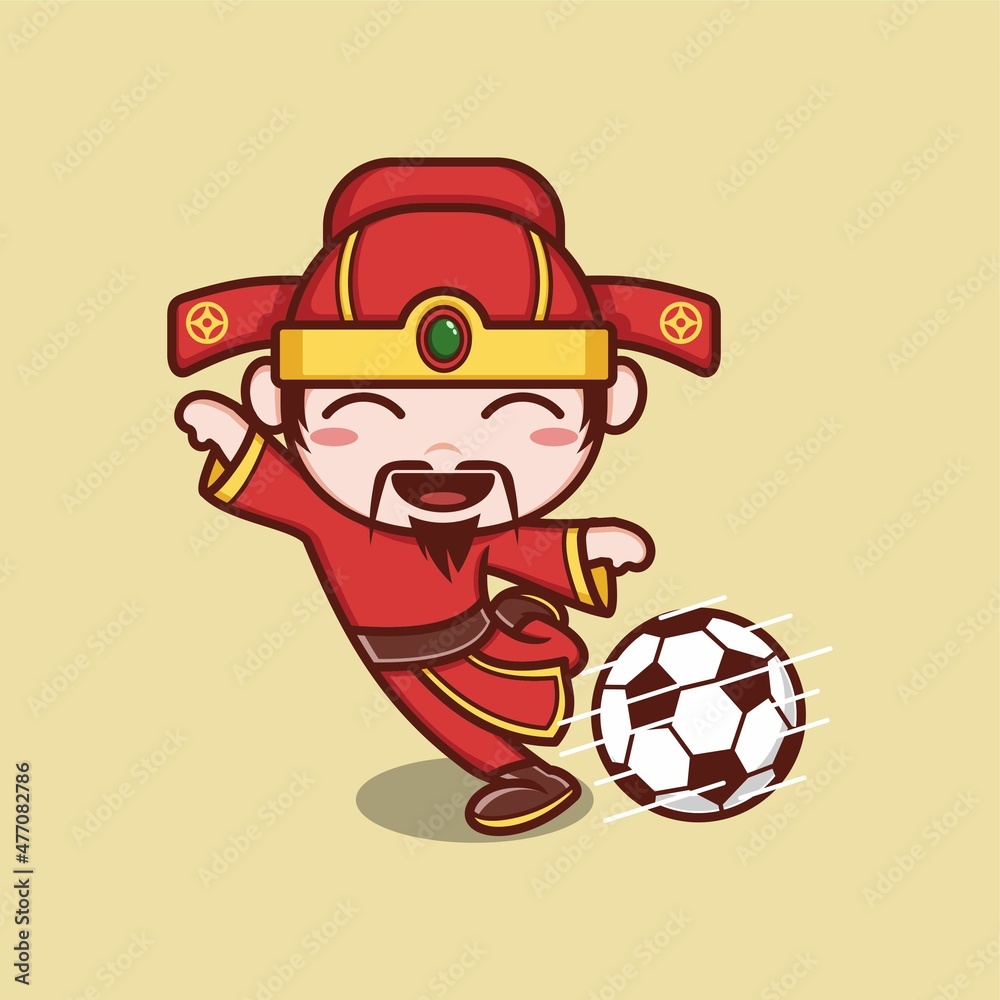 cute cartoon god caishen in chinese new year playing soccer. vector ...