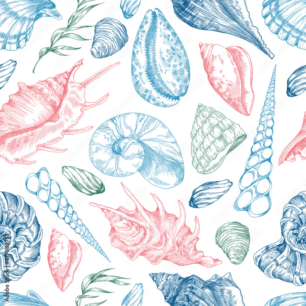 Seamless pattern design with vintage hand drawn sea shells vector ...