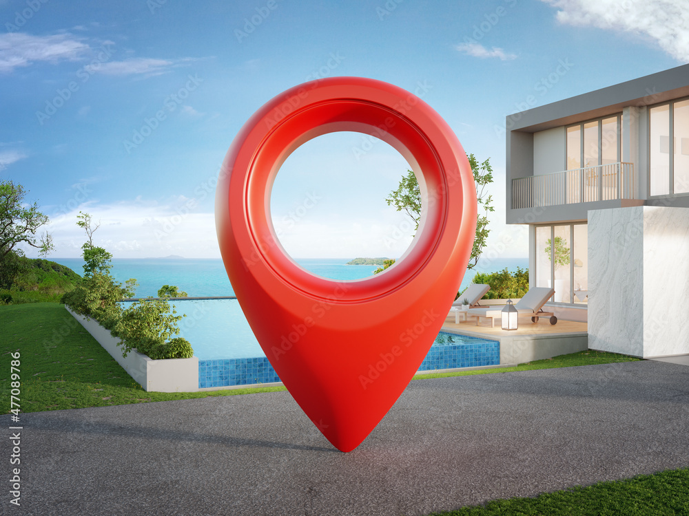 Modern house with location pin icon on asphalt road in real estate sale ...
