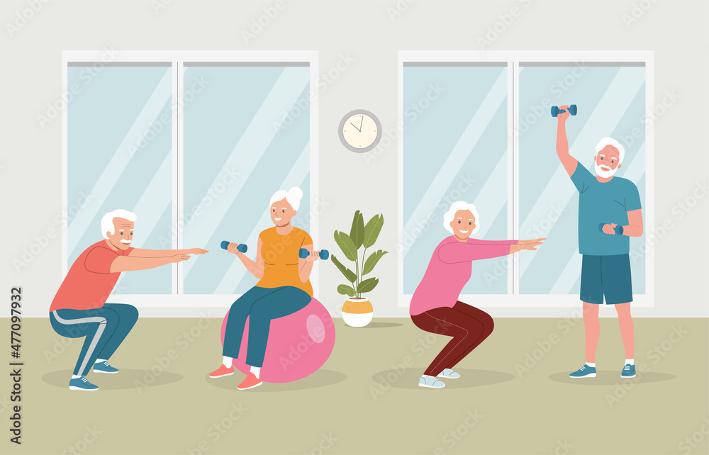 Elderly men and women doing exercises at modern gym. Flat style cartoon ...