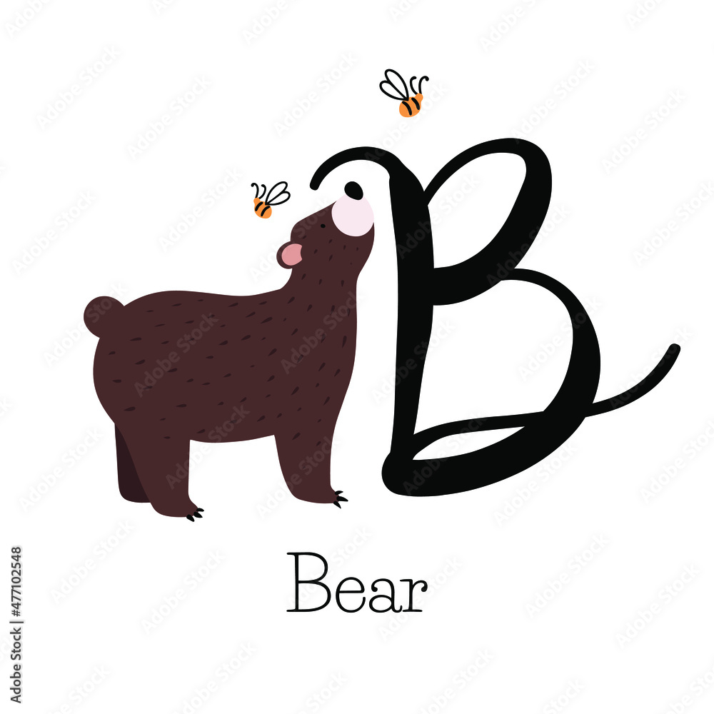 Capital letter B for Bear, with fluffy brown bear watching honey bees ...