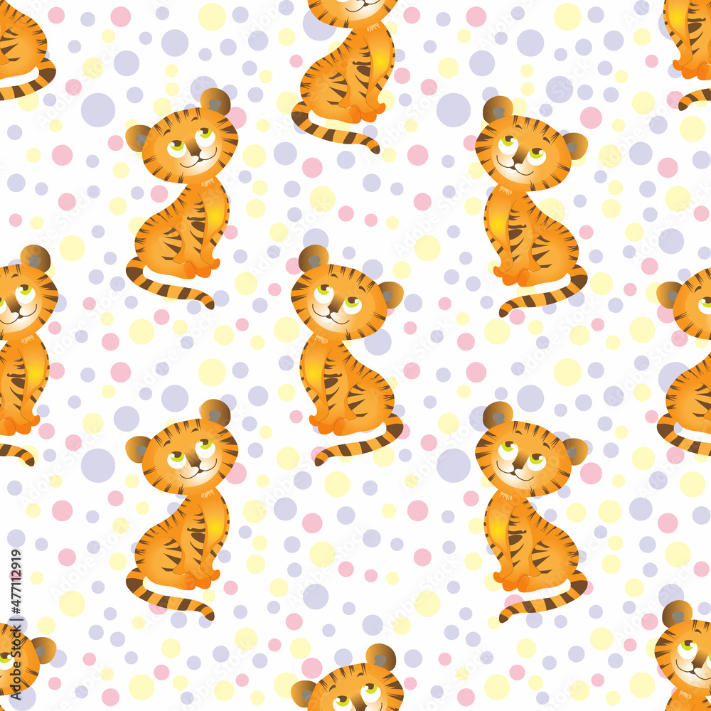 Cute tiger cub is a cartoon animal character. Seamless vector pattern ...