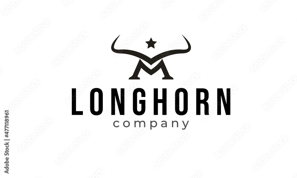 Letter M Longhorn Logo. minimalist letter M with horn and star design ...