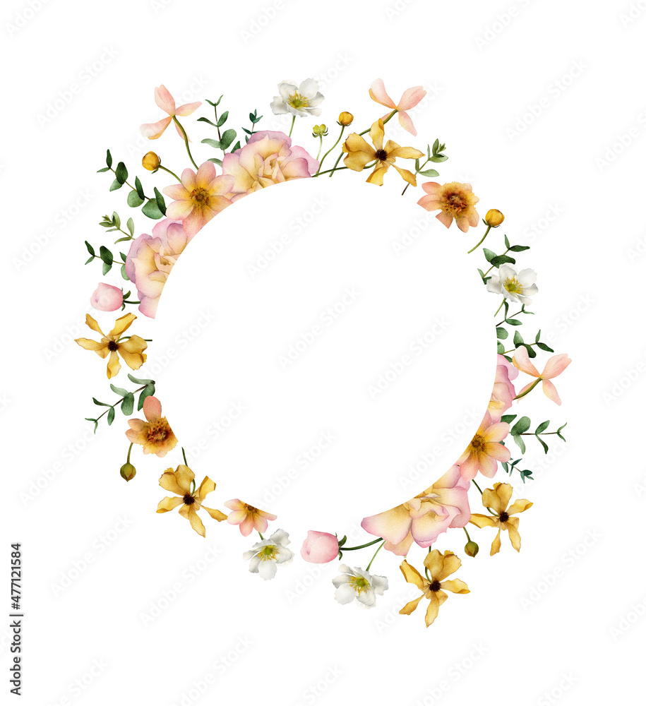 Hand-drawn watercolor floral round frame with pink yellow roses ...