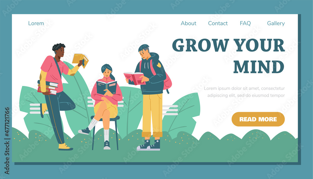 Diversity student reader flat vector landing page. Group of black and ...
