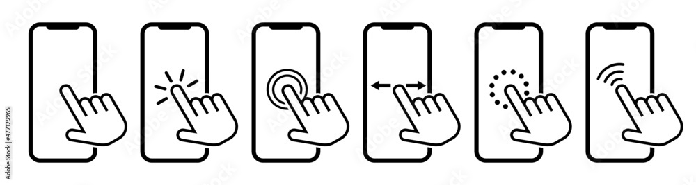 Hand with finger click smartphone icons. Vector finger touches ...