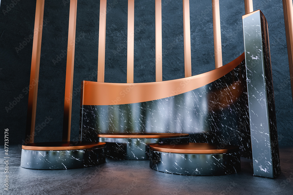 Black marble stand with golden details for product presentation ...