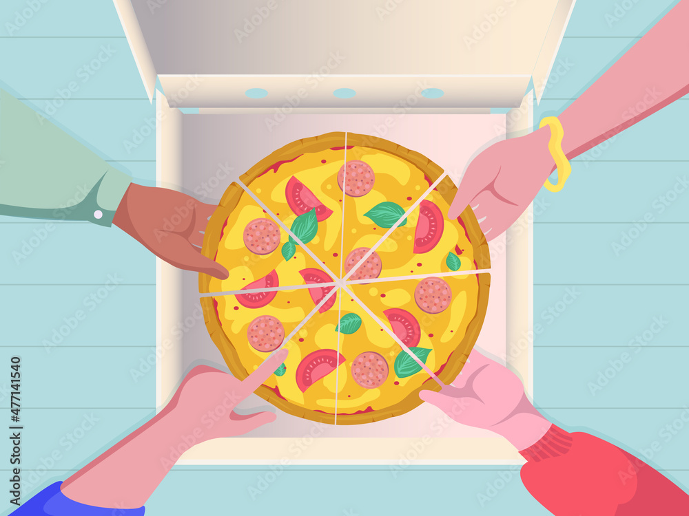 Cartoon illustration of friends sharing pizza slices. Hungry people eat ...