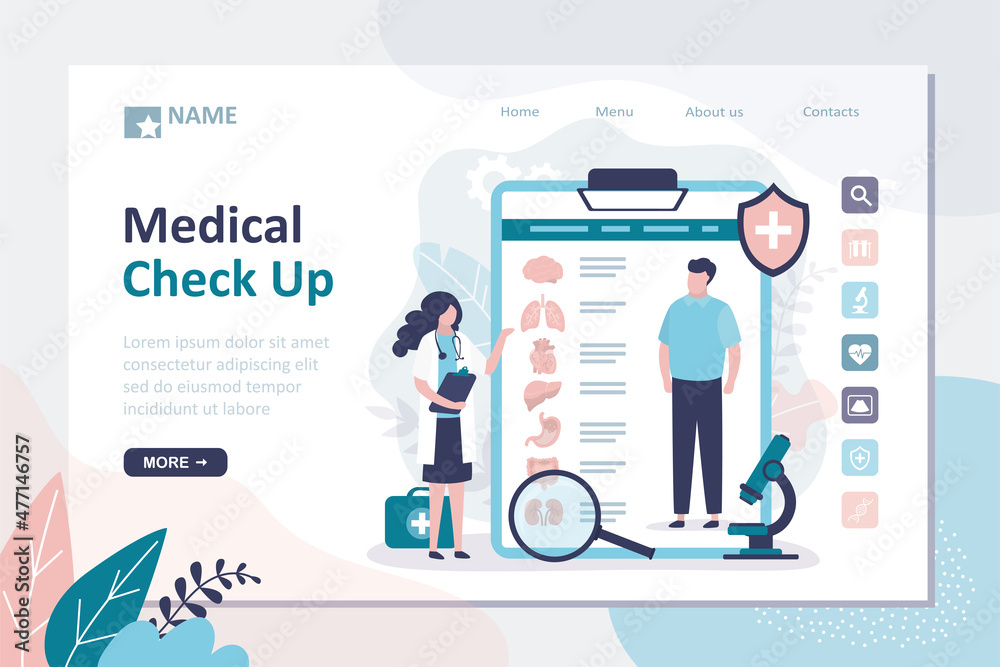 Medical check up, landing page template. Doctor examines analysis ...