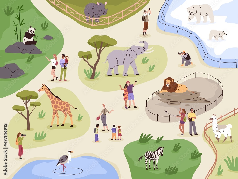 Zoo map. Animals safari park plan. Fenced enclosures with lion, llama ...