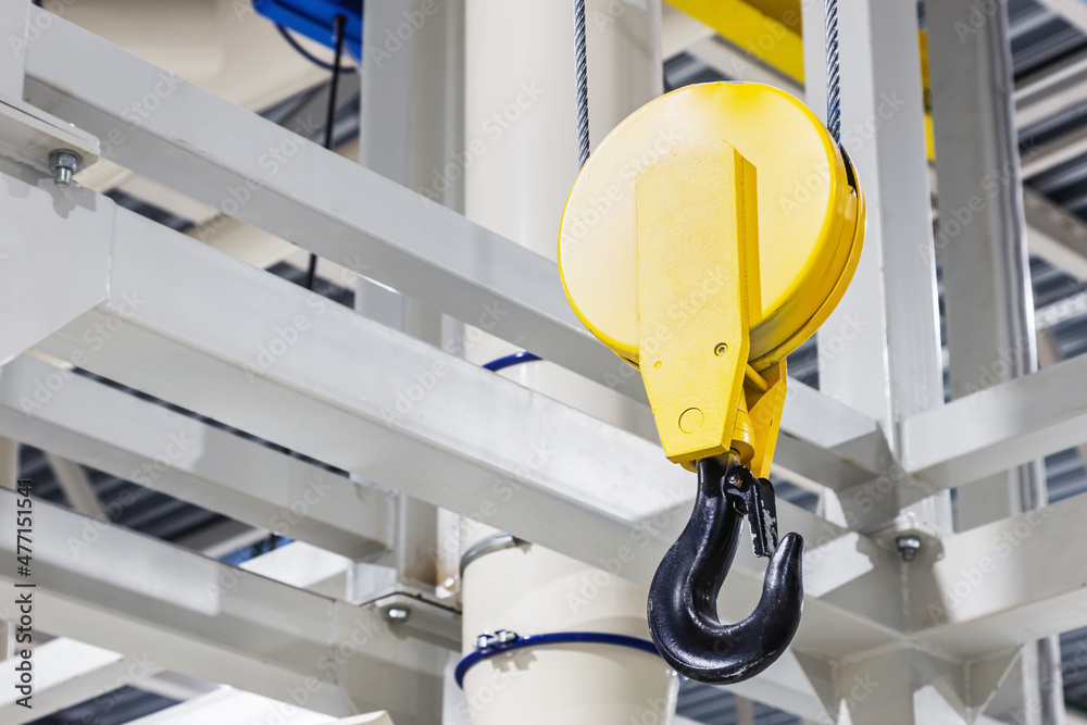 Crane hook inside factory building, industrial background Stock Photo ...