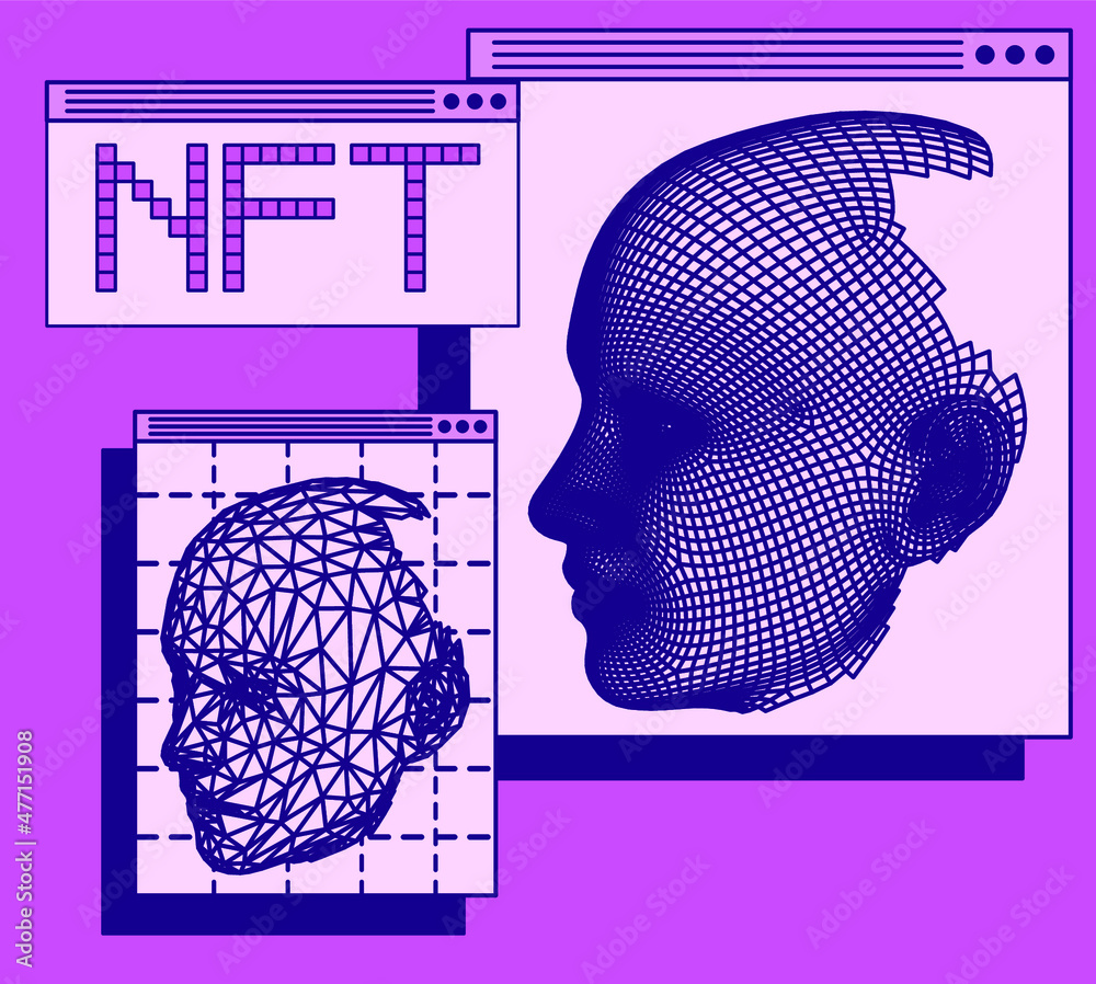 Collage illustration of user interface elements, 3D model of low poly ...