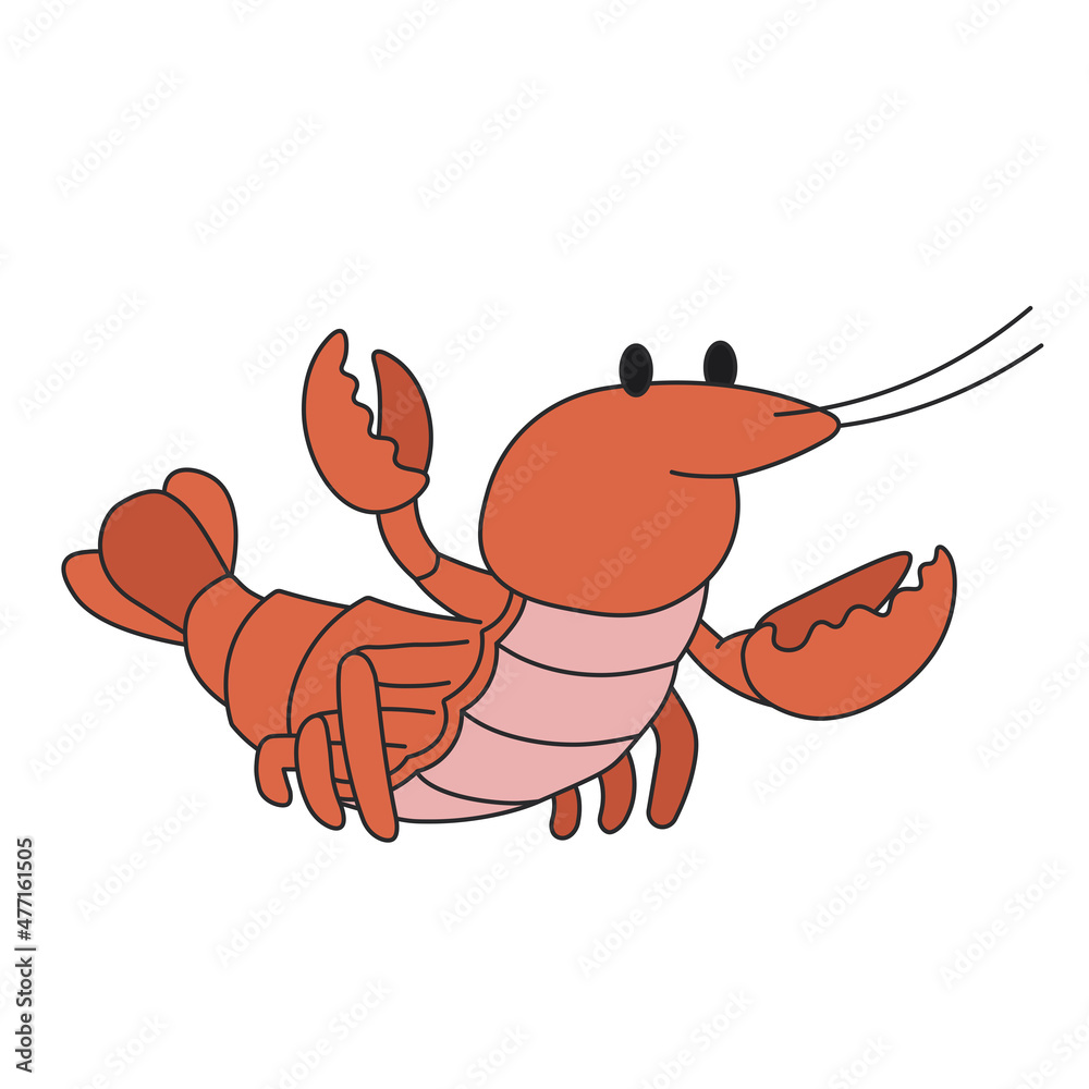 Cute cartoon lobster standing and waving by a claw. A funny red lobster ...