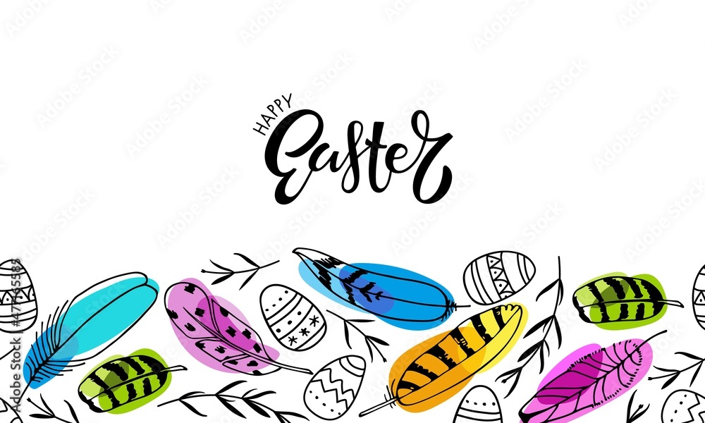 Seamless Border with bright Feathers, eggs scketch, handwritten ...