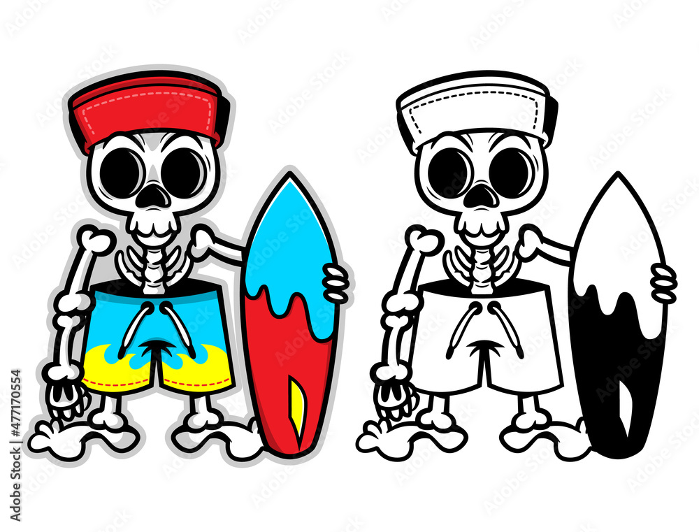 Cartoon illustration of skeleton wearing cap and swim wear holding a ...