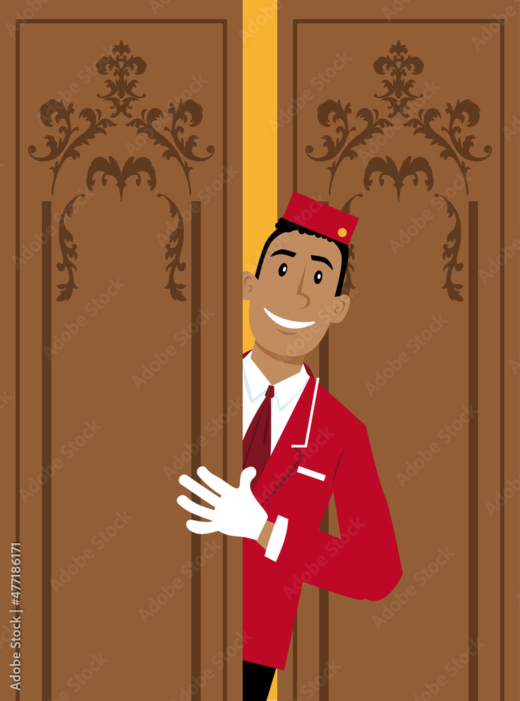 Elevator operator in uniform opening vintage hotel elevator door, EPS 8 ...
