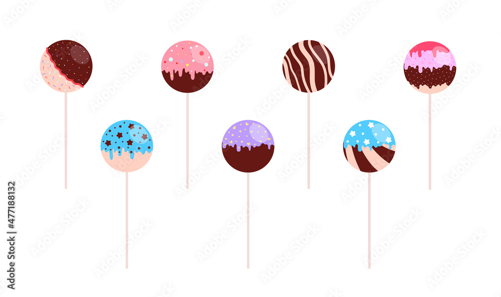 Cake pops set. Vector illustration in cartoon style. Various lollipops ...