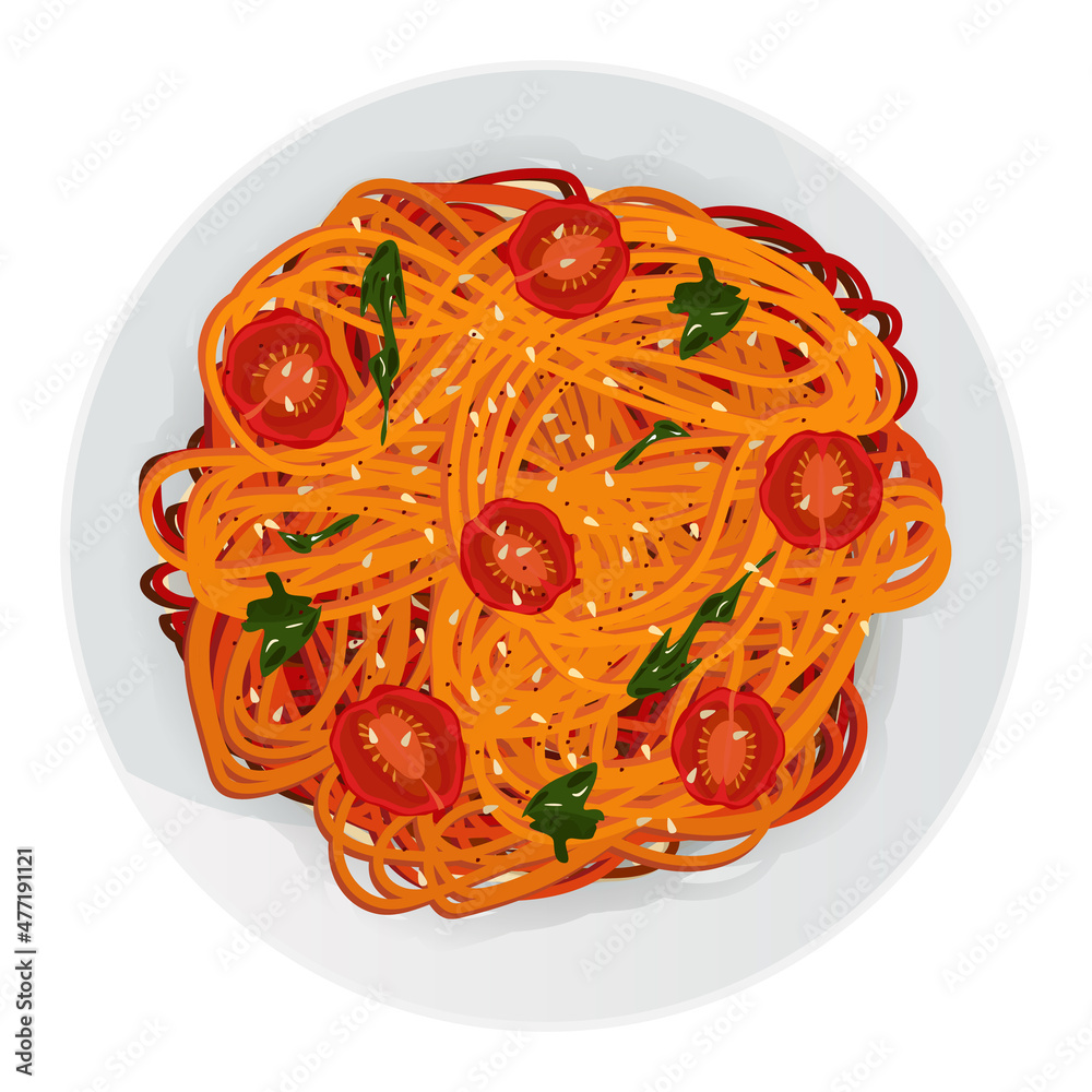 Tangled spaghetti. Asian noodles. Vector illustration of long red pasta ...