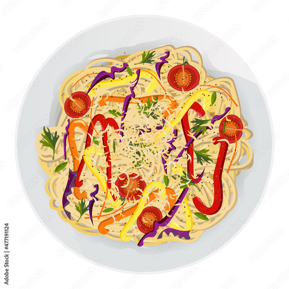 Tangled spaghetti with vegetables. Asian noodles. Vector illustration ...