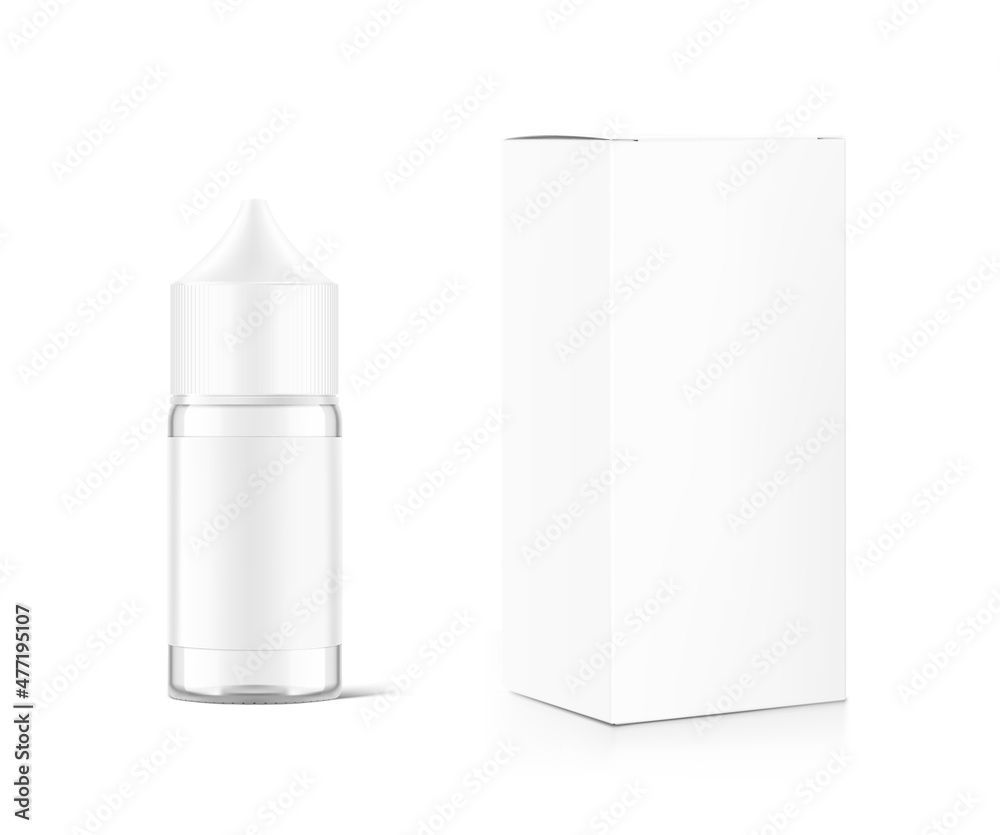 Realistic vape bottle mockup with cardboard packaging box isolated on ...