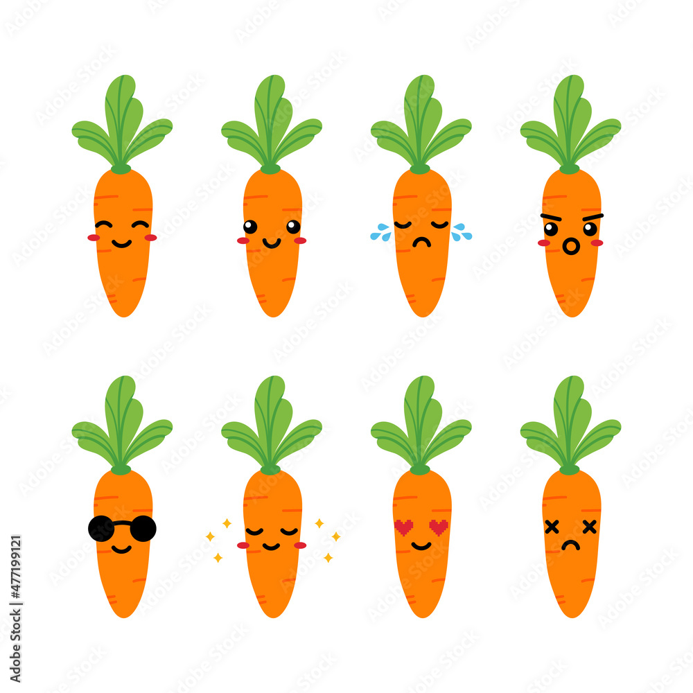 Set, collection, pack of carrot emoji, vector cartoon style icons of ...