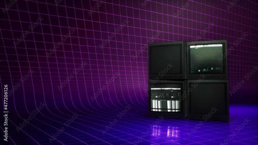 New retro wave virtual background with an old style videowall. An angle ...