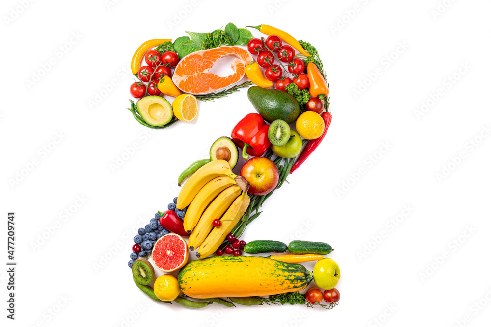 Number 2 made of healthy food. Healthy eating of vegetables, fruits and ...
